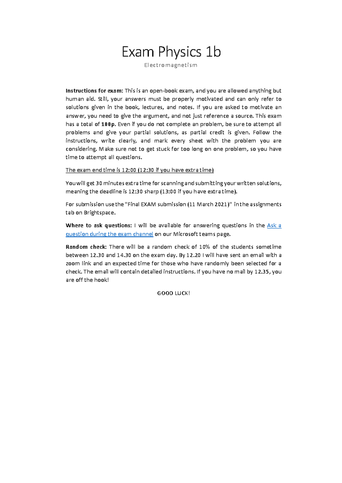 **PHYS 1B Final Exam Solutions - Electromagnetism 2020/2021** - Studeersnel