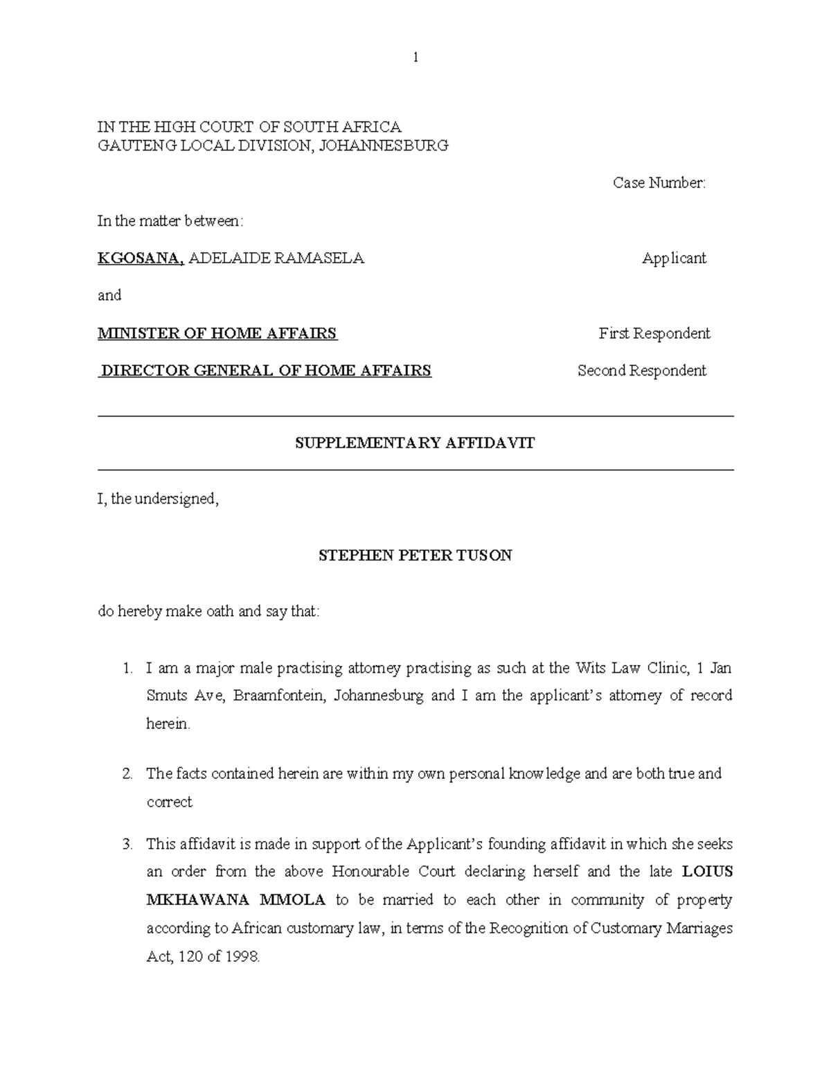 Supplementary Affidavit 2019 - Kgosana v Minister of Home Affairs - Studocu