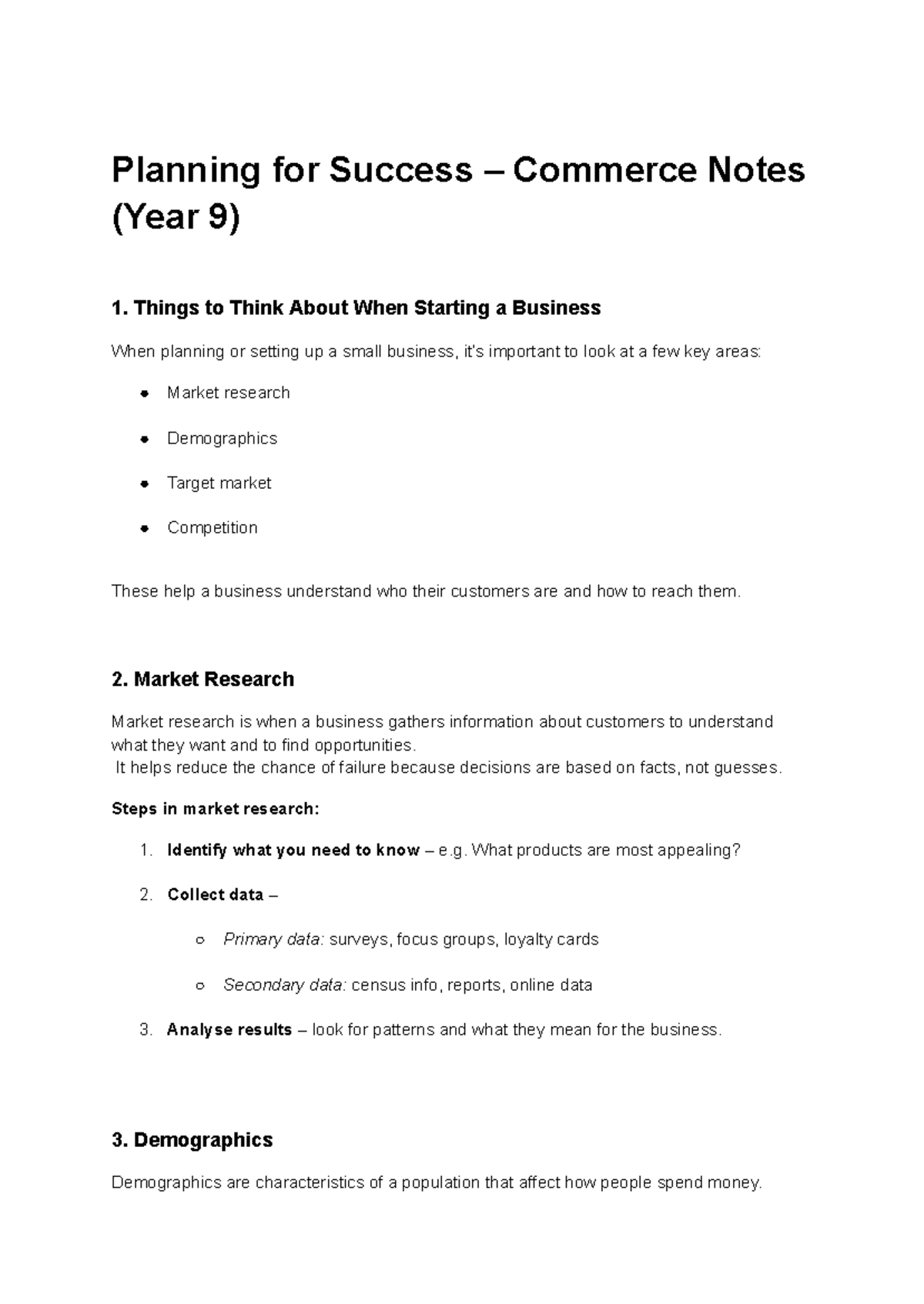 Planning for Success: Year 9 Commerce Notes on Business Basics - Studocu