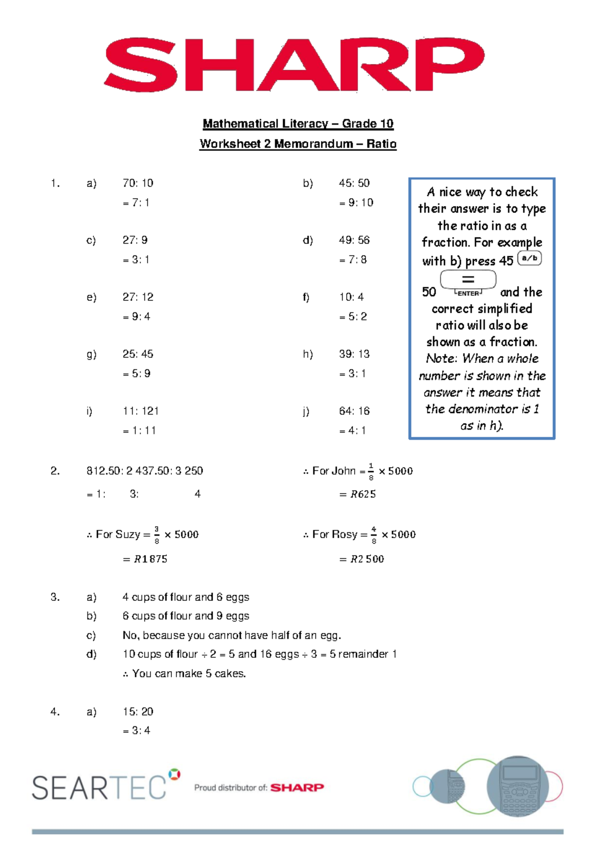 Grade 10 Mathematical Literacy Term 1 Worksheet 2 Memo: Ratios - Studocu