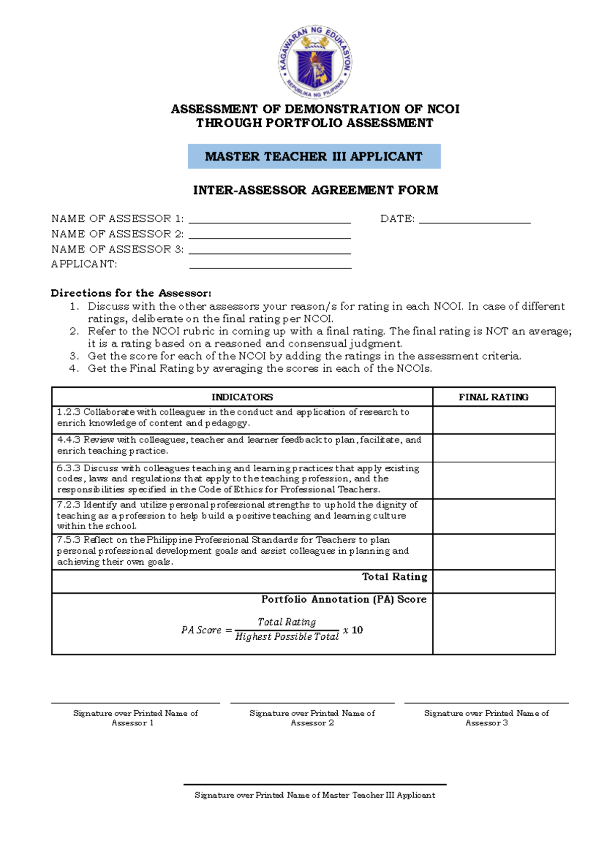 NCOI Portfolio Assessment: Inter-Assessor Agreement Form for Master Teacher III - Studocu