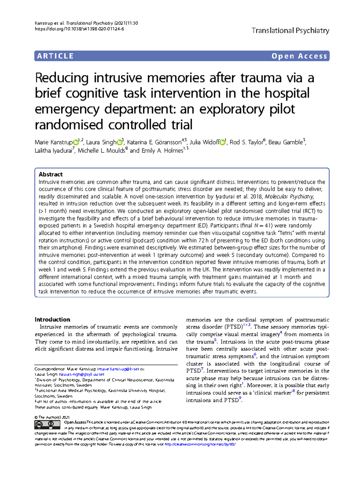 Pilot RCT on Brief Intervention Reducing Intrusive Memories in ED ...