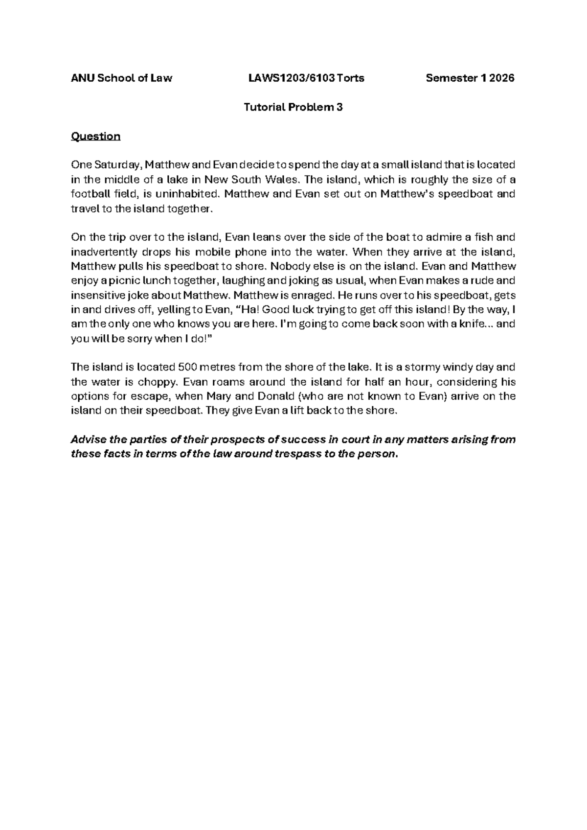 ANU Law Torts S1 2026 Tutorial Problem 3: Trespass to Person Analysis ...