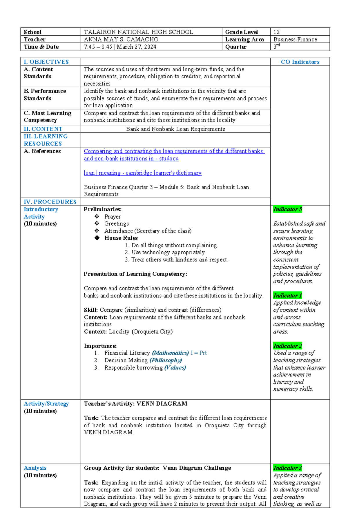 Lesson Plan for Grade 12 Business Finance: Loan Requirements - Studocu