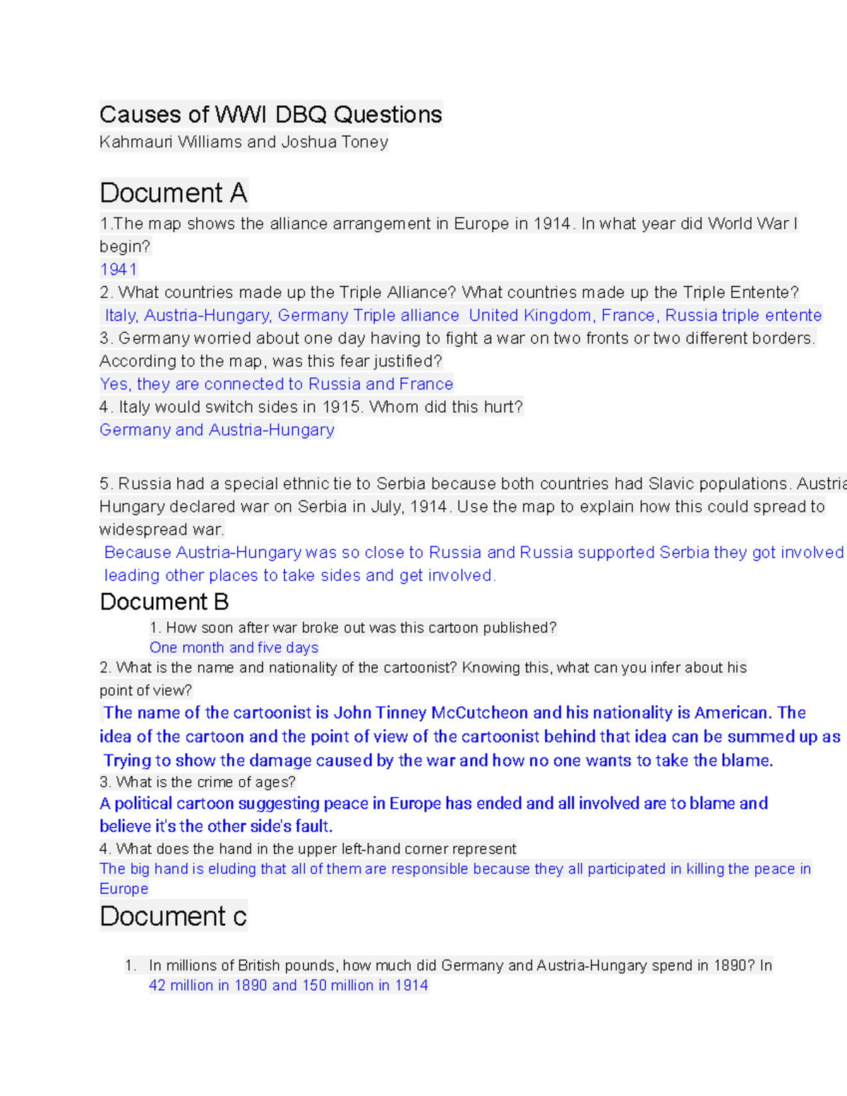 WWI Causes DBQ Questions for History Class (Course Code) - Studocu