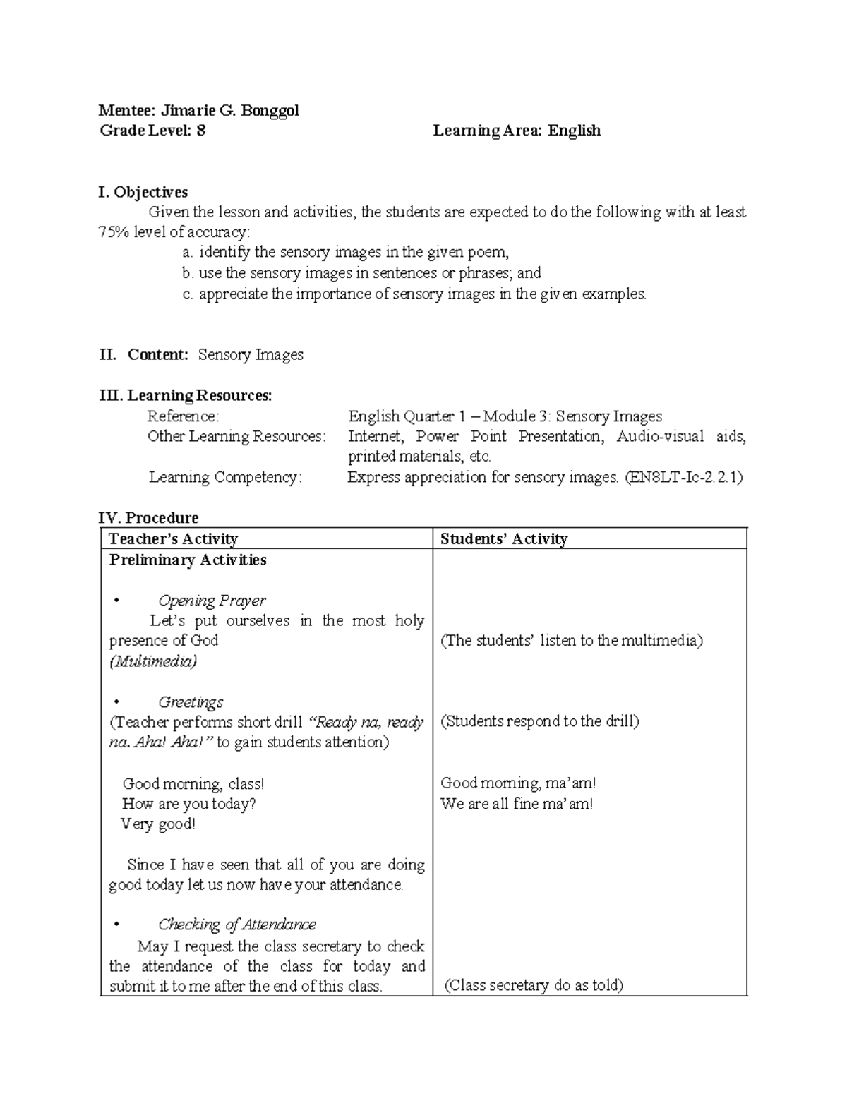 Grade 8 English Lesson Plan: Exploring Sensory Images - Studocu