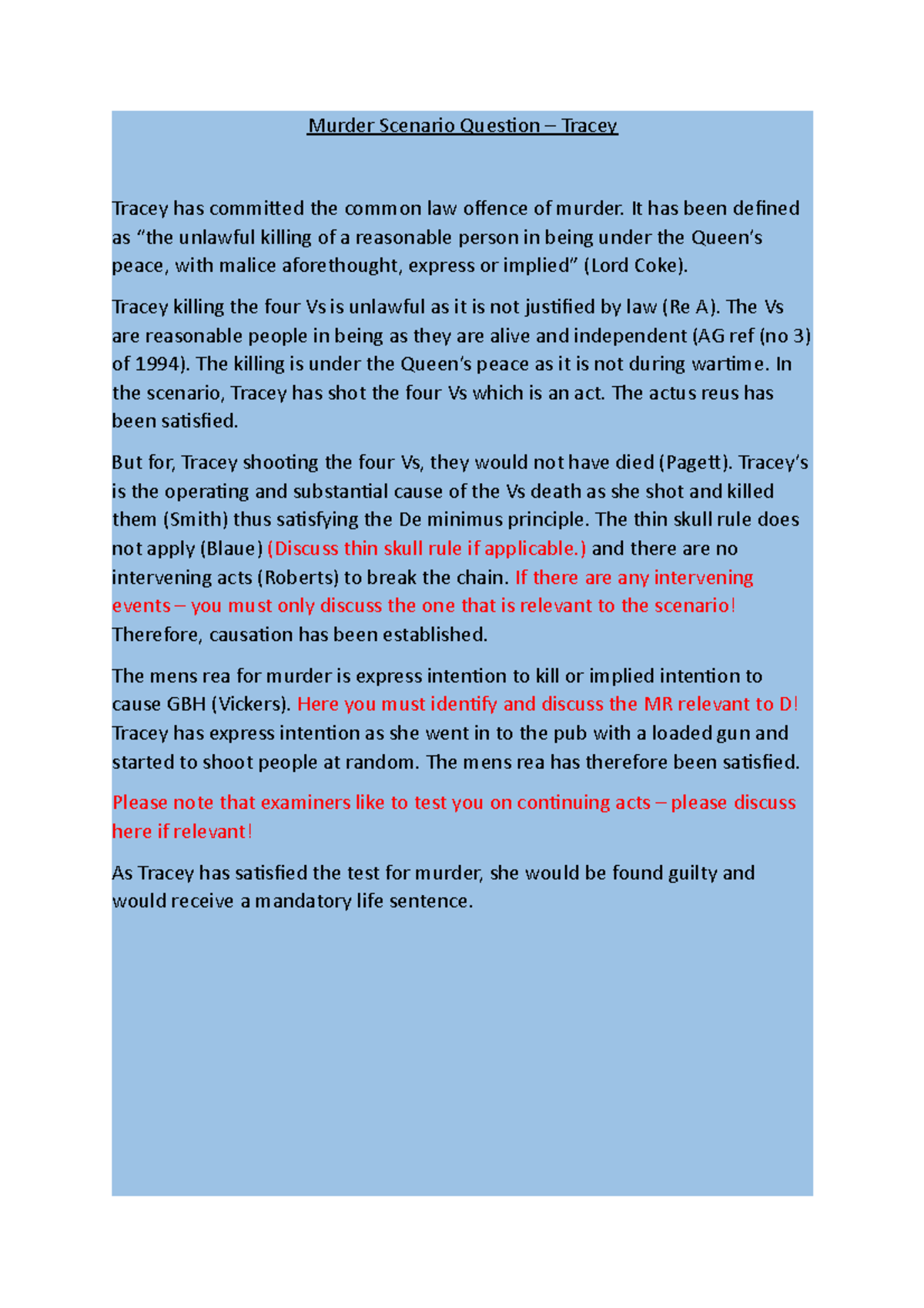Tracey Model Answer (Murder) (1) - Murder Scenario Question – Tracey ...