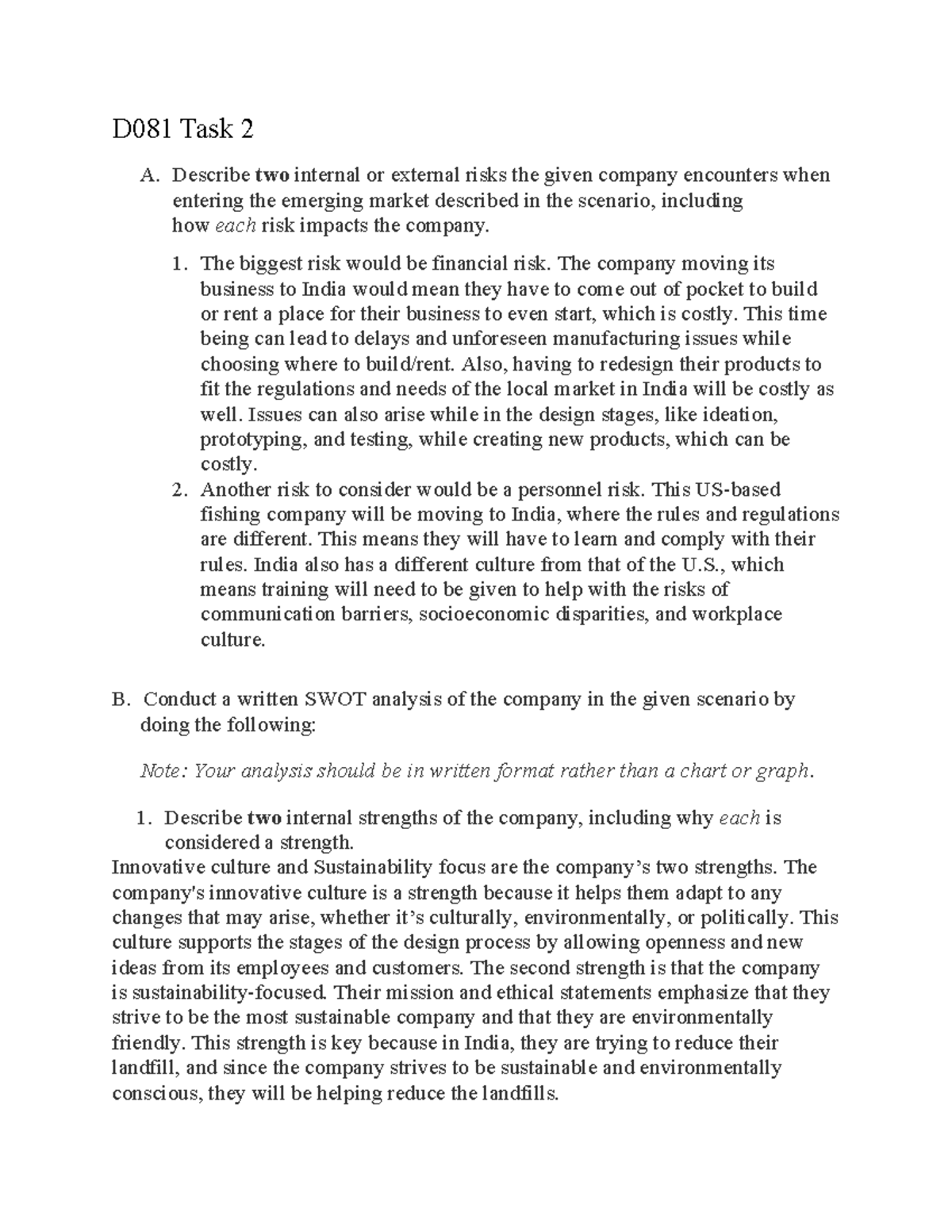 D081 Task 2 - Risks and SWOT Analysis for Market Entry in India - Studocu