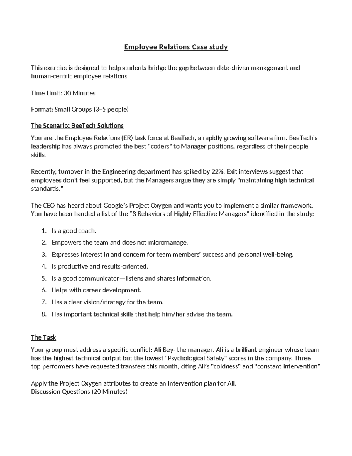 ER Case Study: Enhancing Employee Relations at BeeTech Solutions - Studocu