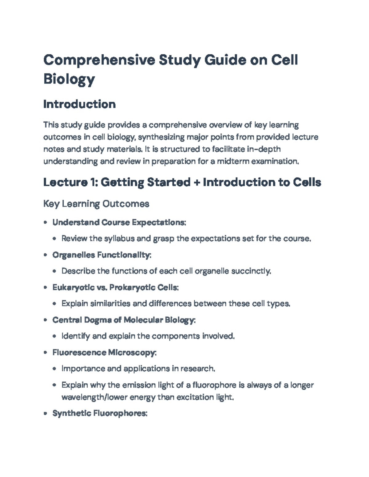 Comprehensive Study Guide for Cell Biology Midterm Exam - Comprehensive ...