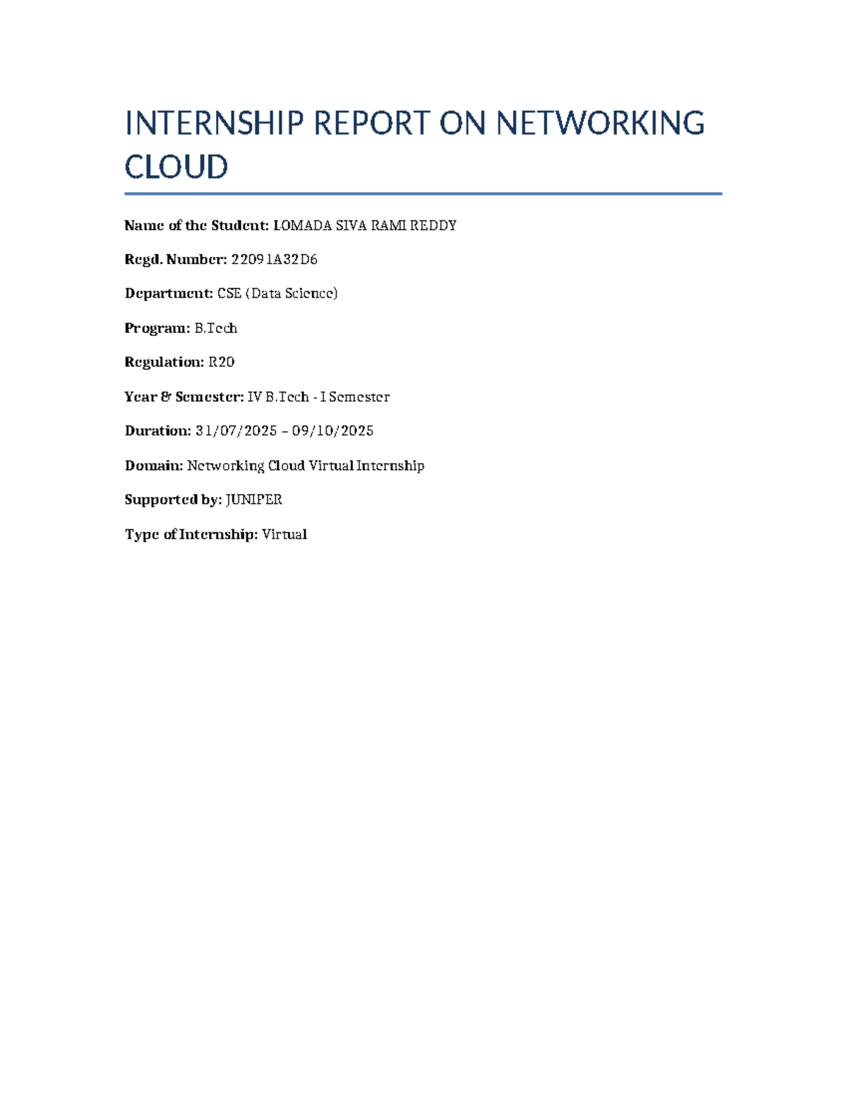 Networking Cloud Virtual Internship Report - CSE B.Tech R20 - Studocu
