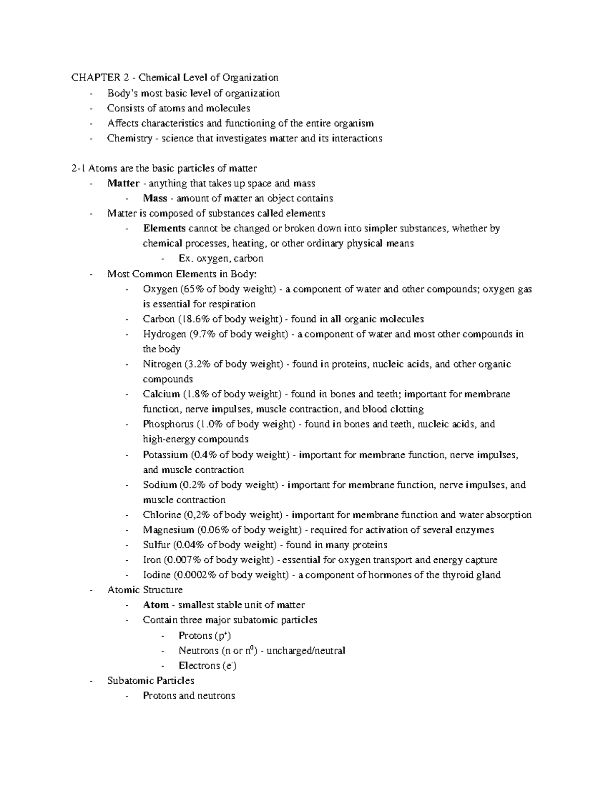 Chapter 2 - Chemical Level of Organization and Key Concepts in Biology ...