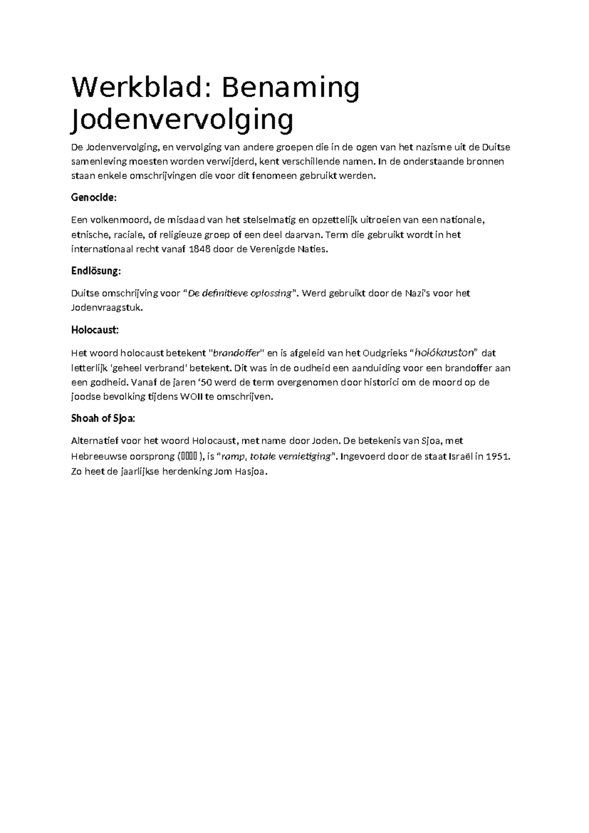 Werkblad: Benamingen van de Jodenvervolging en Genocide - Studeersnel