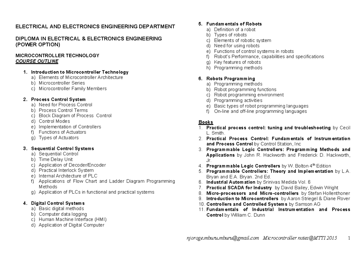 Microcontroller Technology Course Outline (ELECTRICAL 101) - Studocu