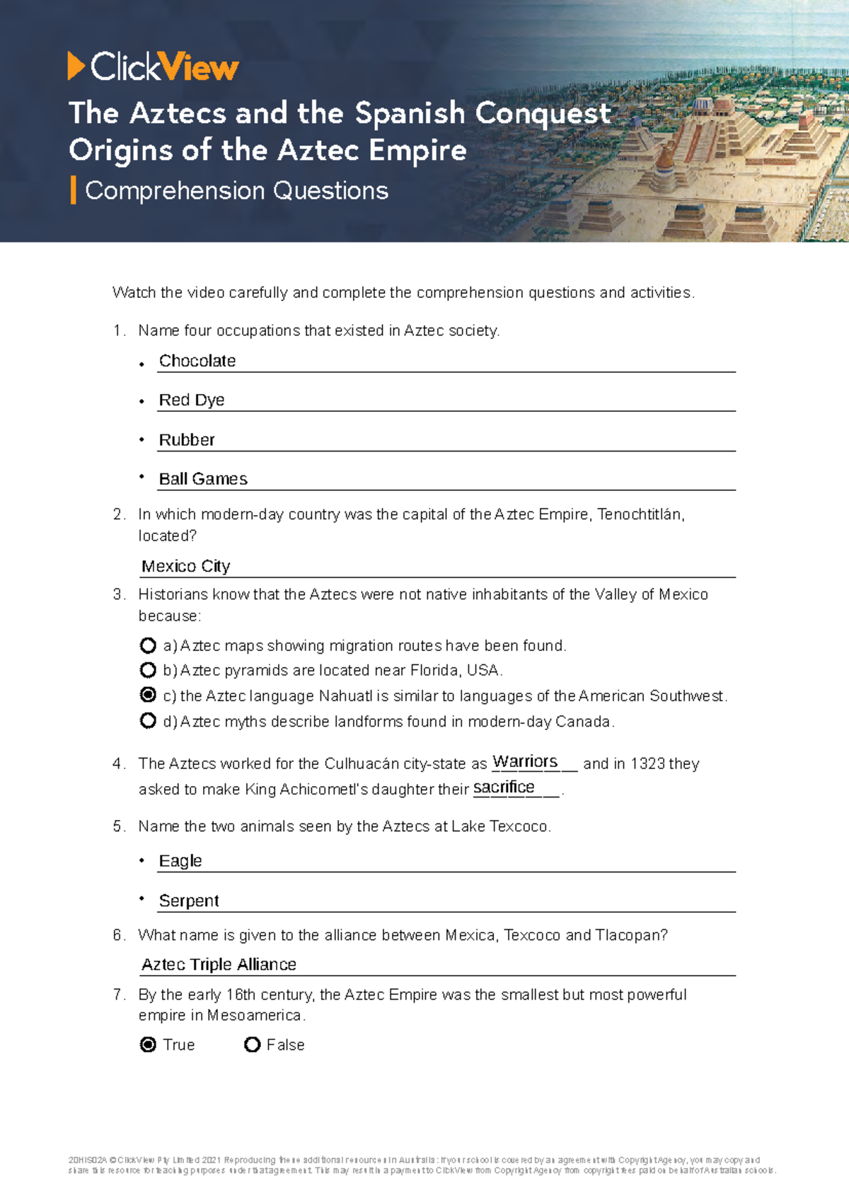 20HIS02A Aztecs & Spanish Conquest: Comprehension Questions Guide - Studocu