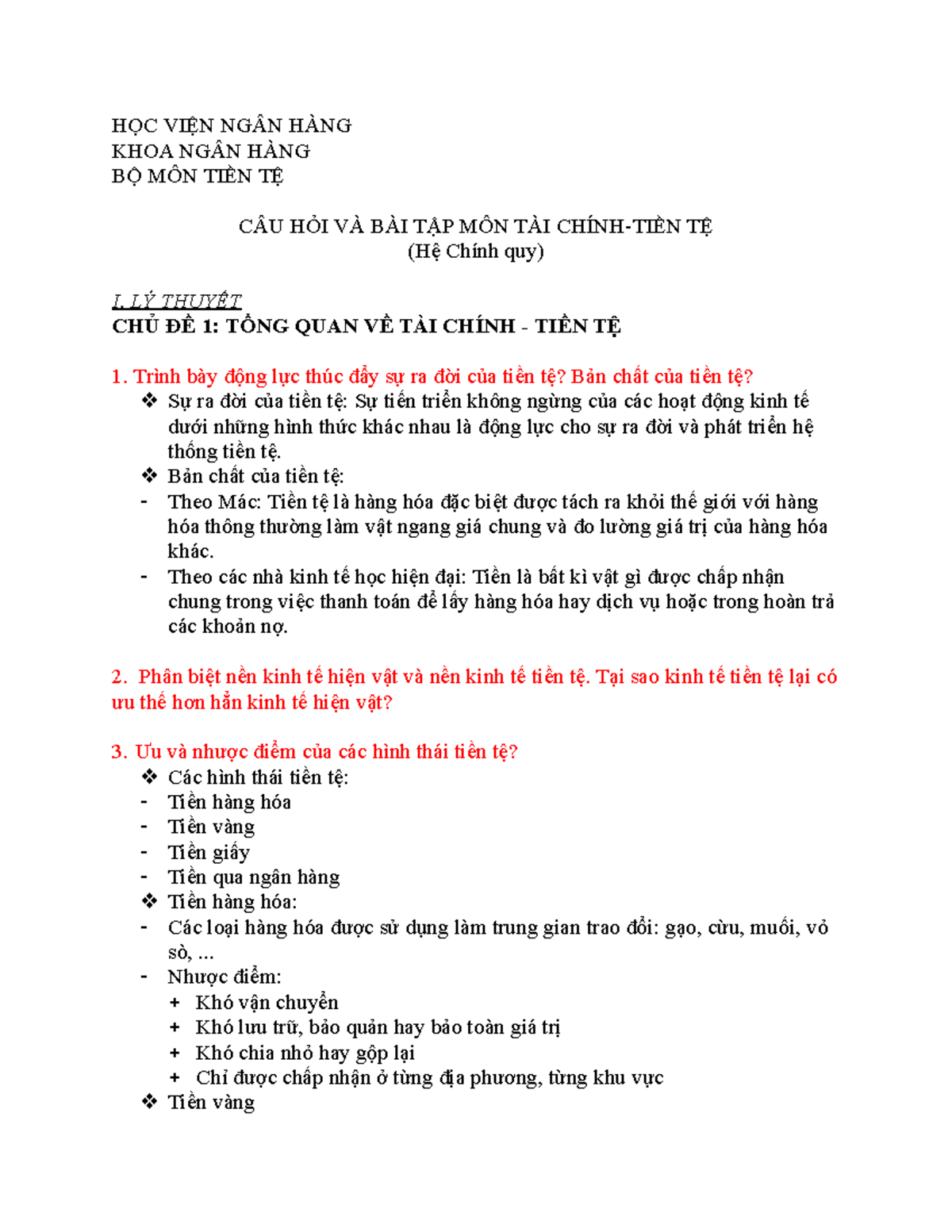 BT TCTT - Bài Tập và Câu Hỏi Tài Chính Tiền Tệ - Studocu