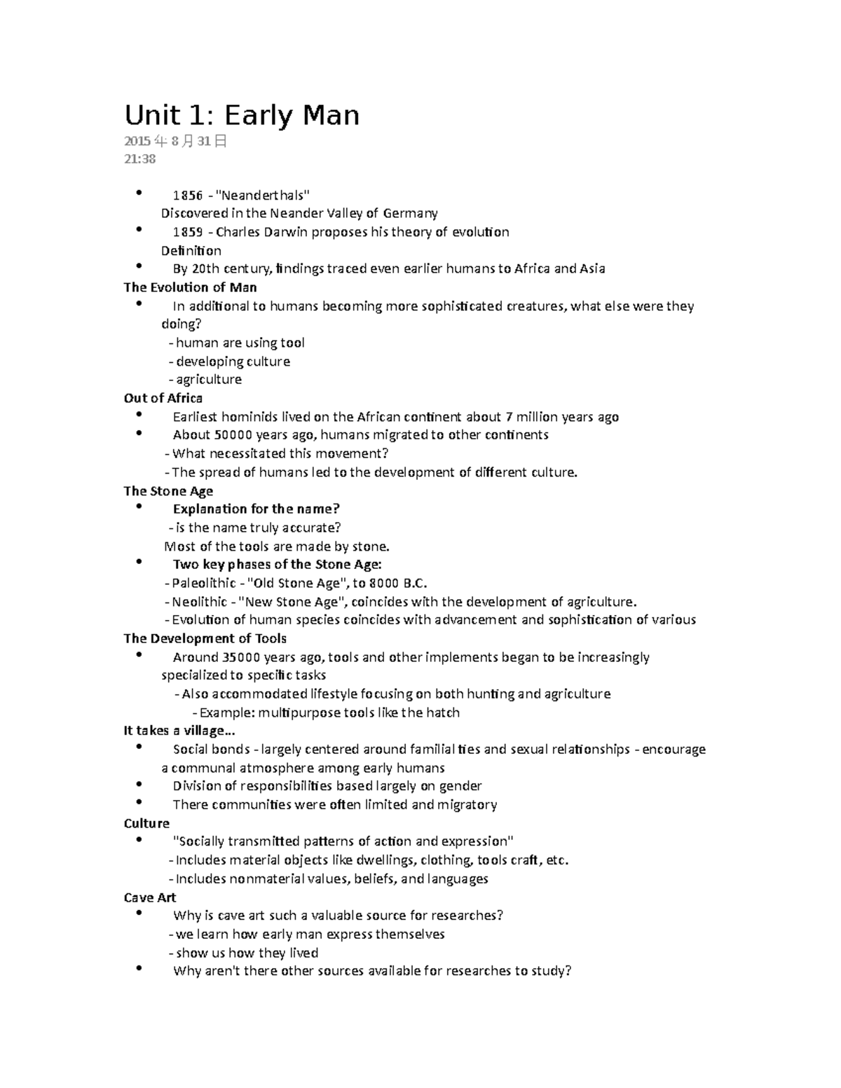 Lecture notes, lecture unit 1 - Early man - Unit 1: Early Man 2015 年 8 ...