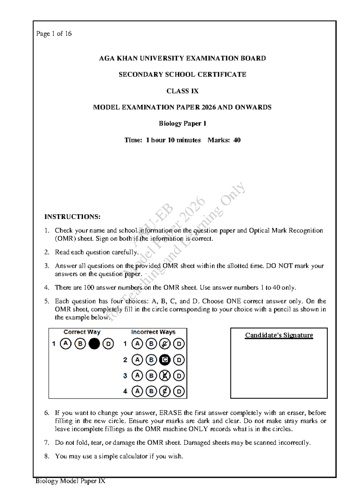 Biology Model Paper IX (Paper-I) for Class IX - 2026 Exam - Studocu