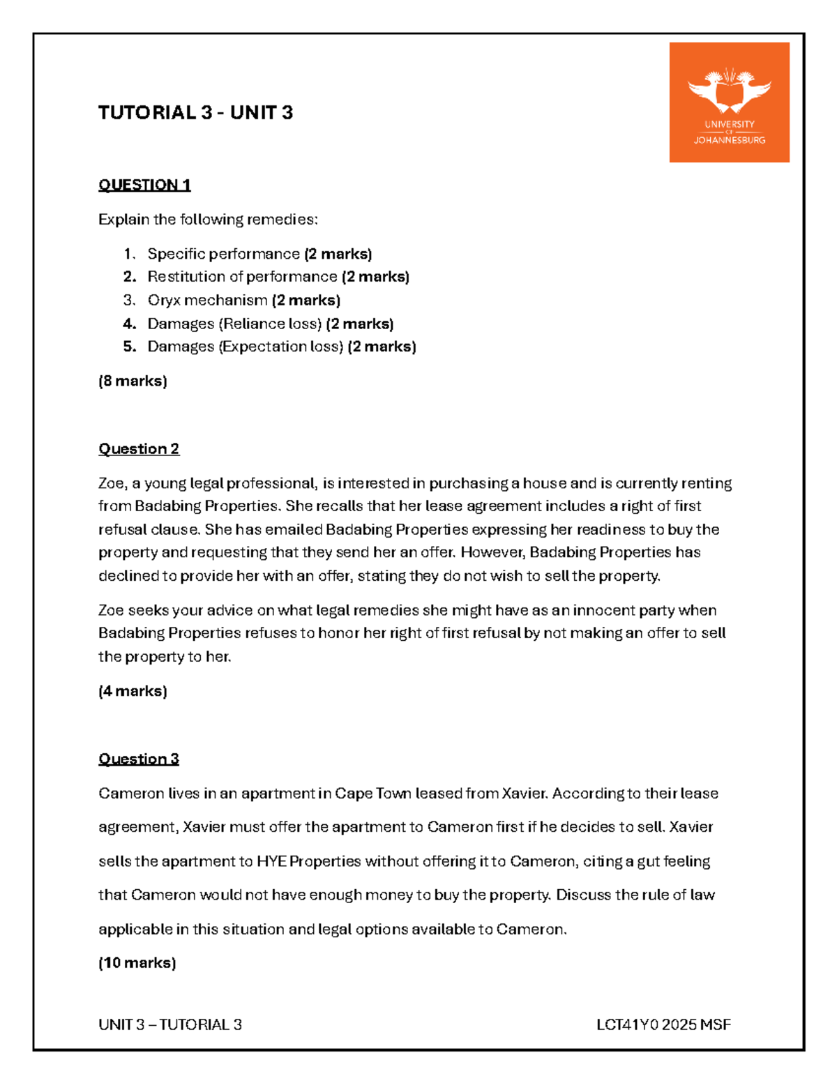 Tutorial 003 - UNIT 3 – TUTORIAL 3 LCT41Y0 2025 MSF TUTORIAL 3 - UNIT 3 ...