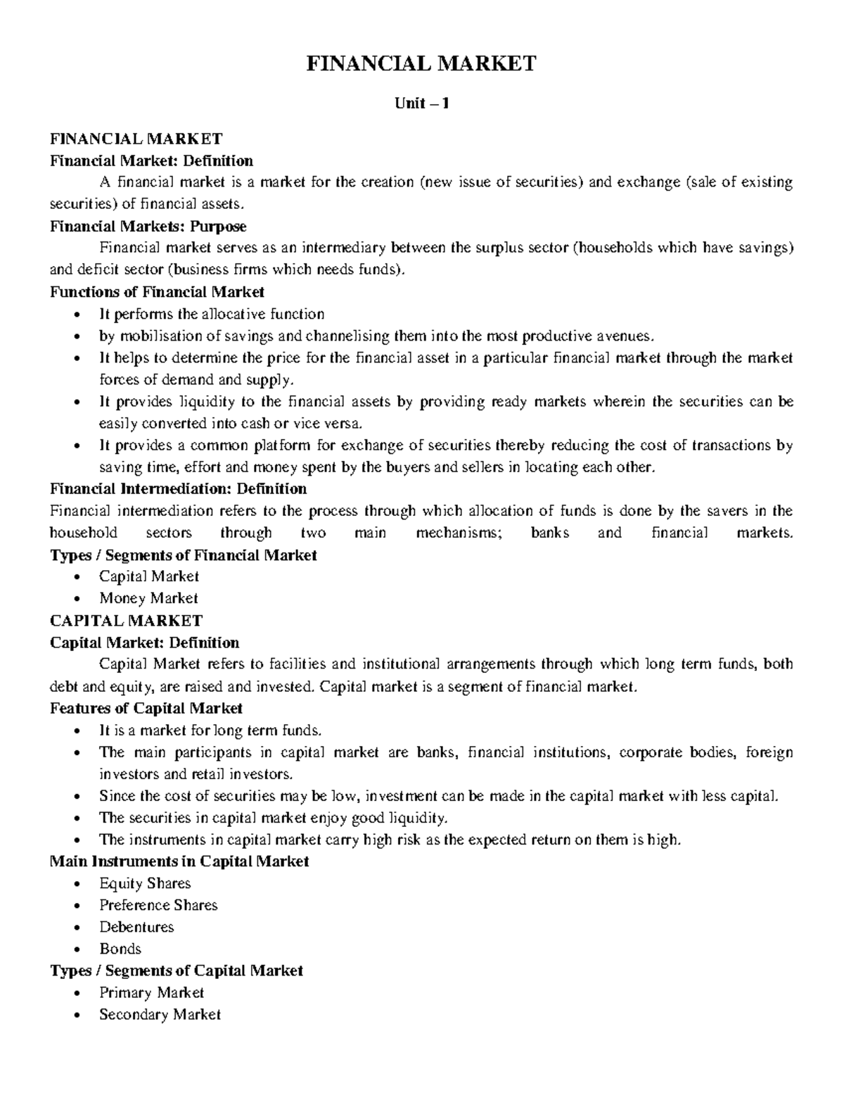 Financial Market Concepts - Notes for Financial Studies (FIN 101) - Studocu