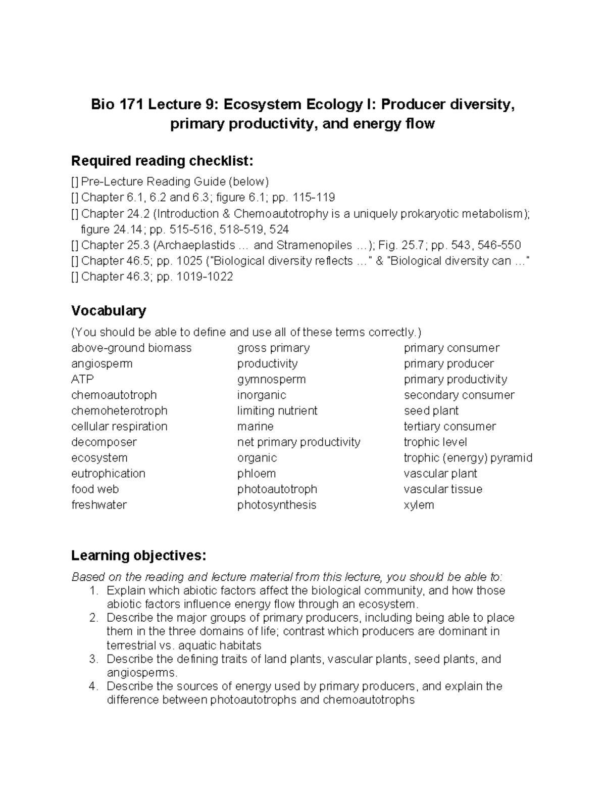 Bio 171 Lecture 9: Ecosystem Ecology - Primary Productivity & Energy ...