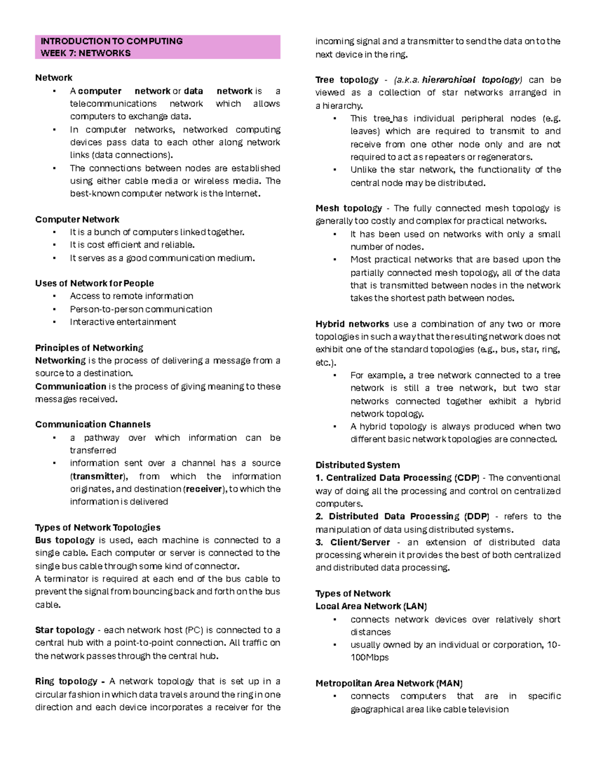 Ccs101 midterm reviewer: Introduction to computing and networks - Studocu