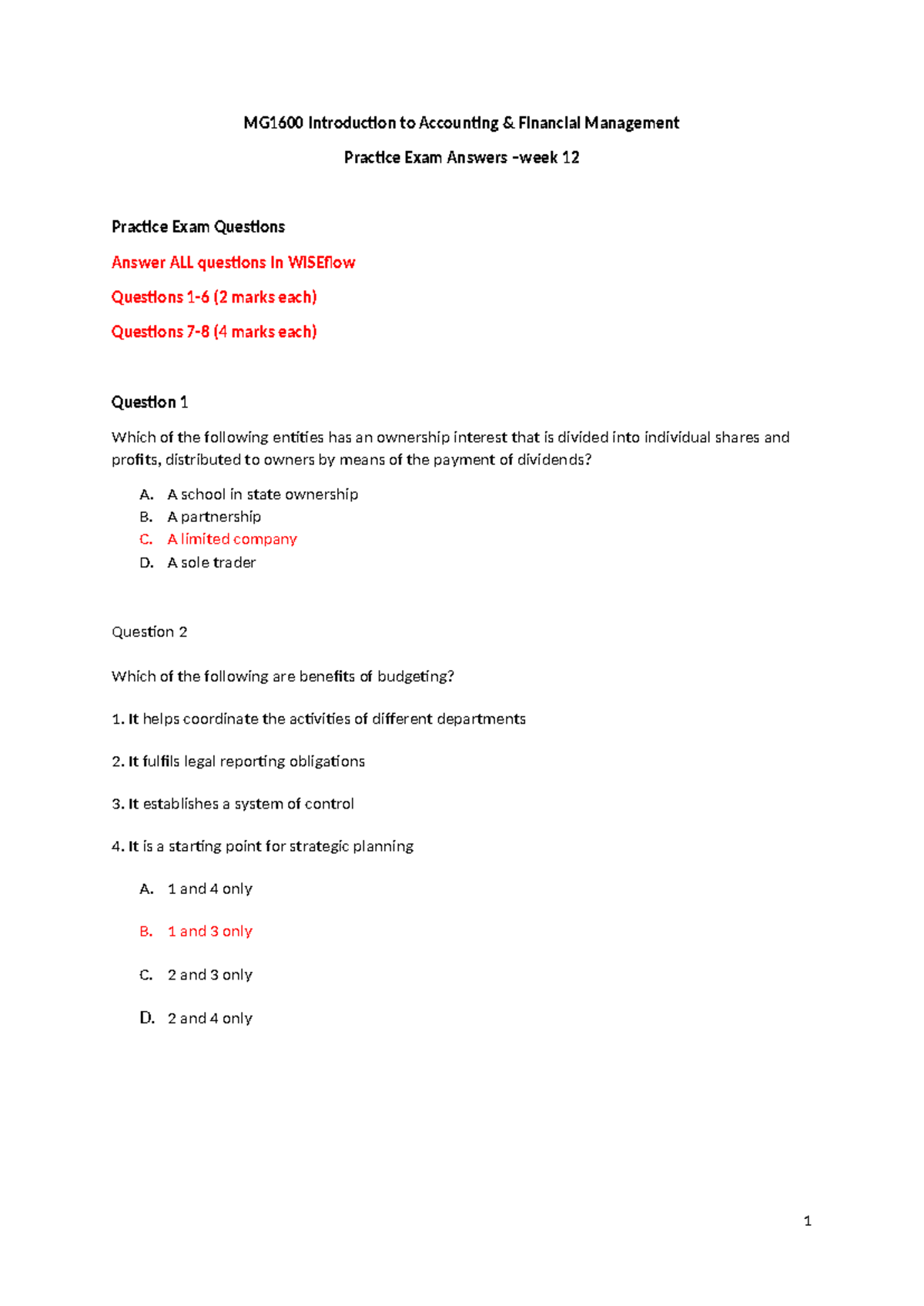MG1600 Practice Exam: Intro to Accounting & Financial Management ...
