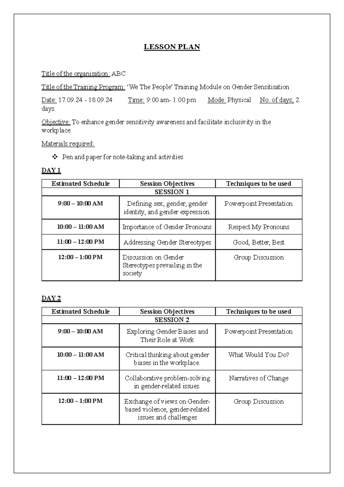 ABC Training Module: Gender Sensitization Lesson Plan (17-18 Sept 2024 ...