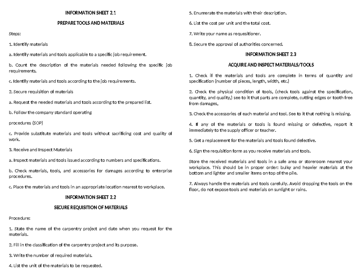 Carpentry Project Materials Requisition Procedure - Info Sheet 2 - Studocu