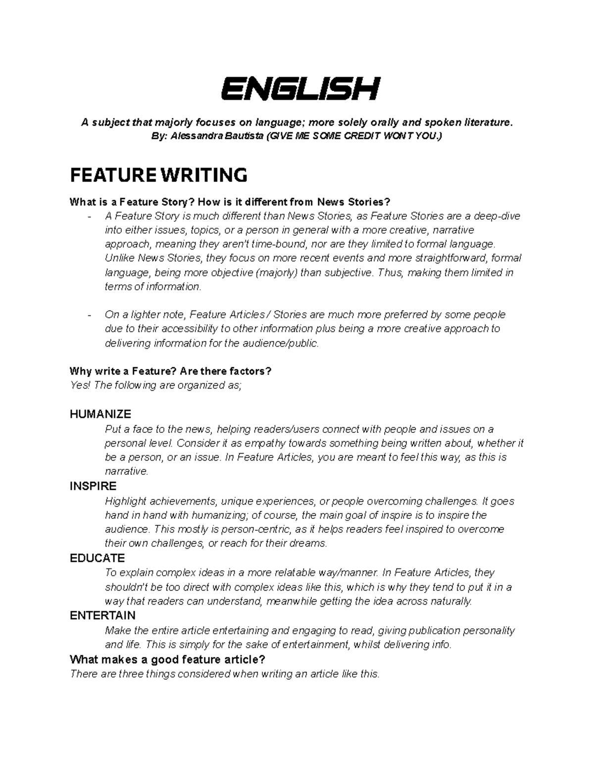 ENGLISH A: Understanding Feature Writing and Journalistic Styles - Studocu