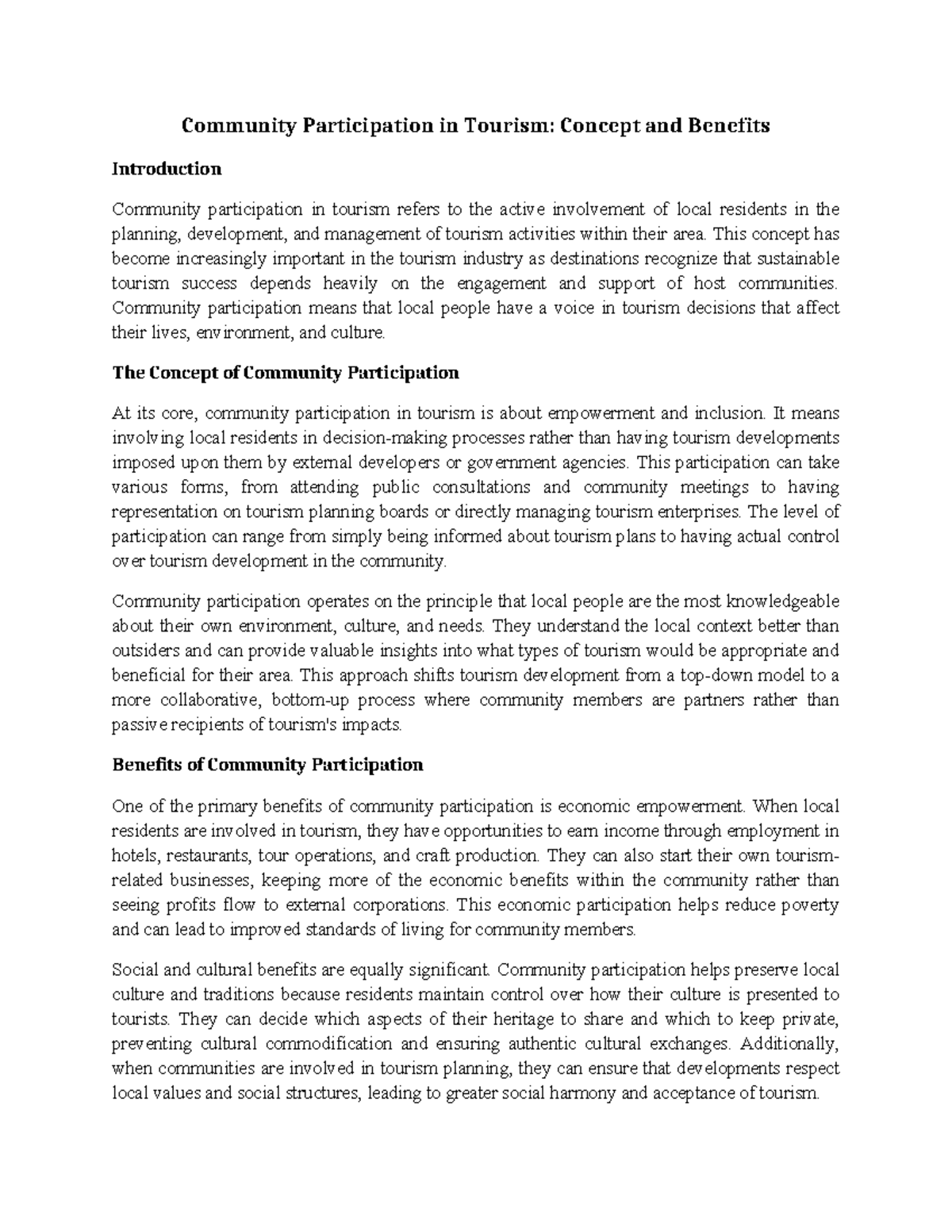 Essay 1: Community Participation in Tourism - Concepts & Benefits - Studocu