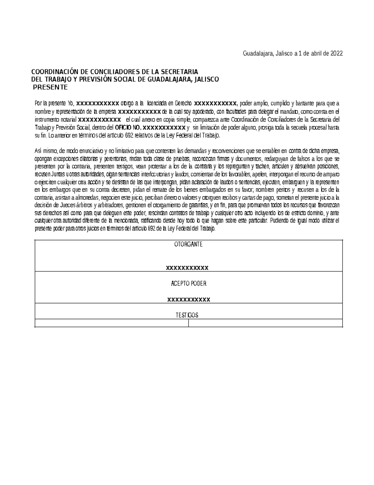 Carta Poder STPS - Guadalajara, Jalisco, 1 de abril de 2022 - Studocu