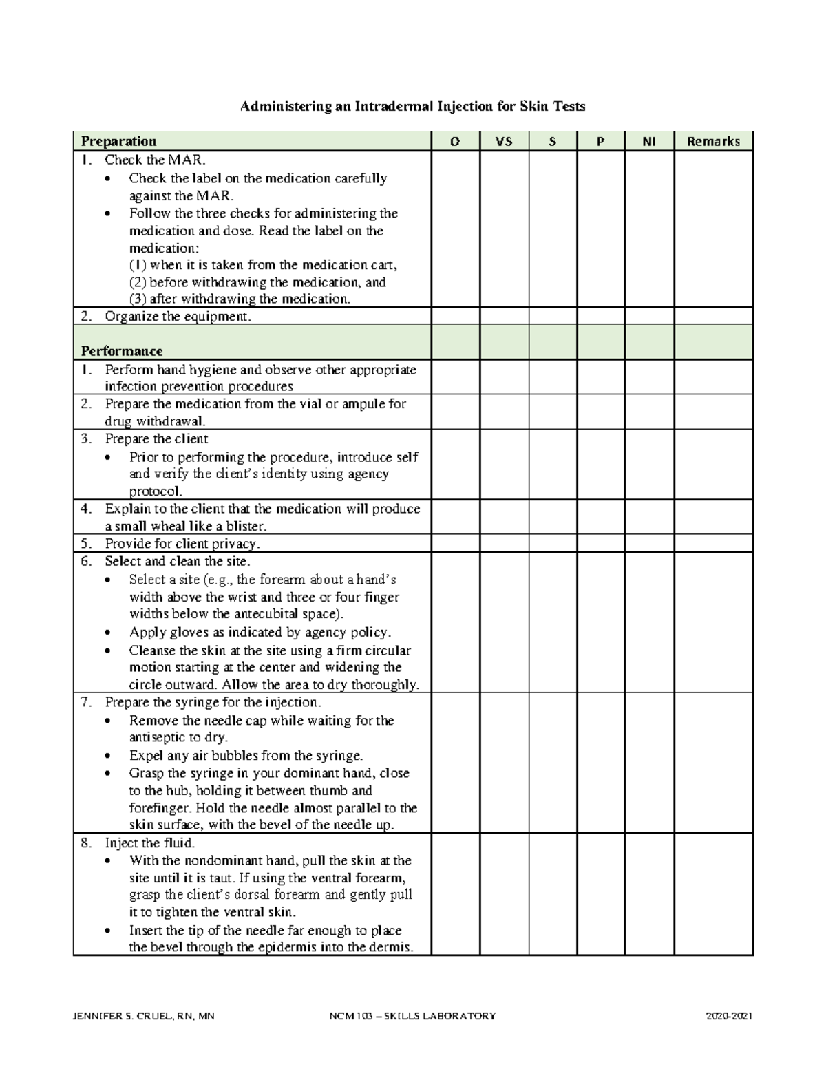 Administering an Intradermal Injection Checklist for Retdem - JENNIFER ...