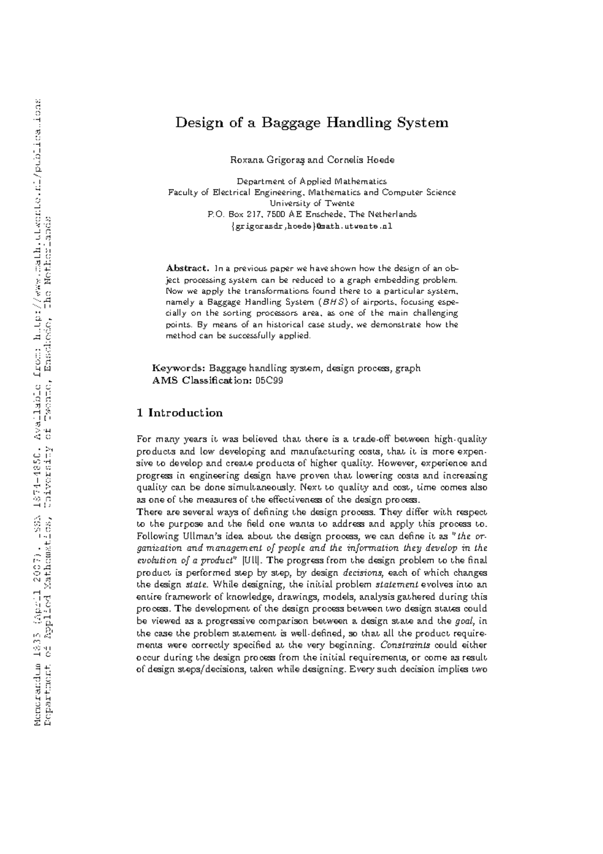 Design of a Baggage Handling System - Memo1835 Analysis and Findings ...