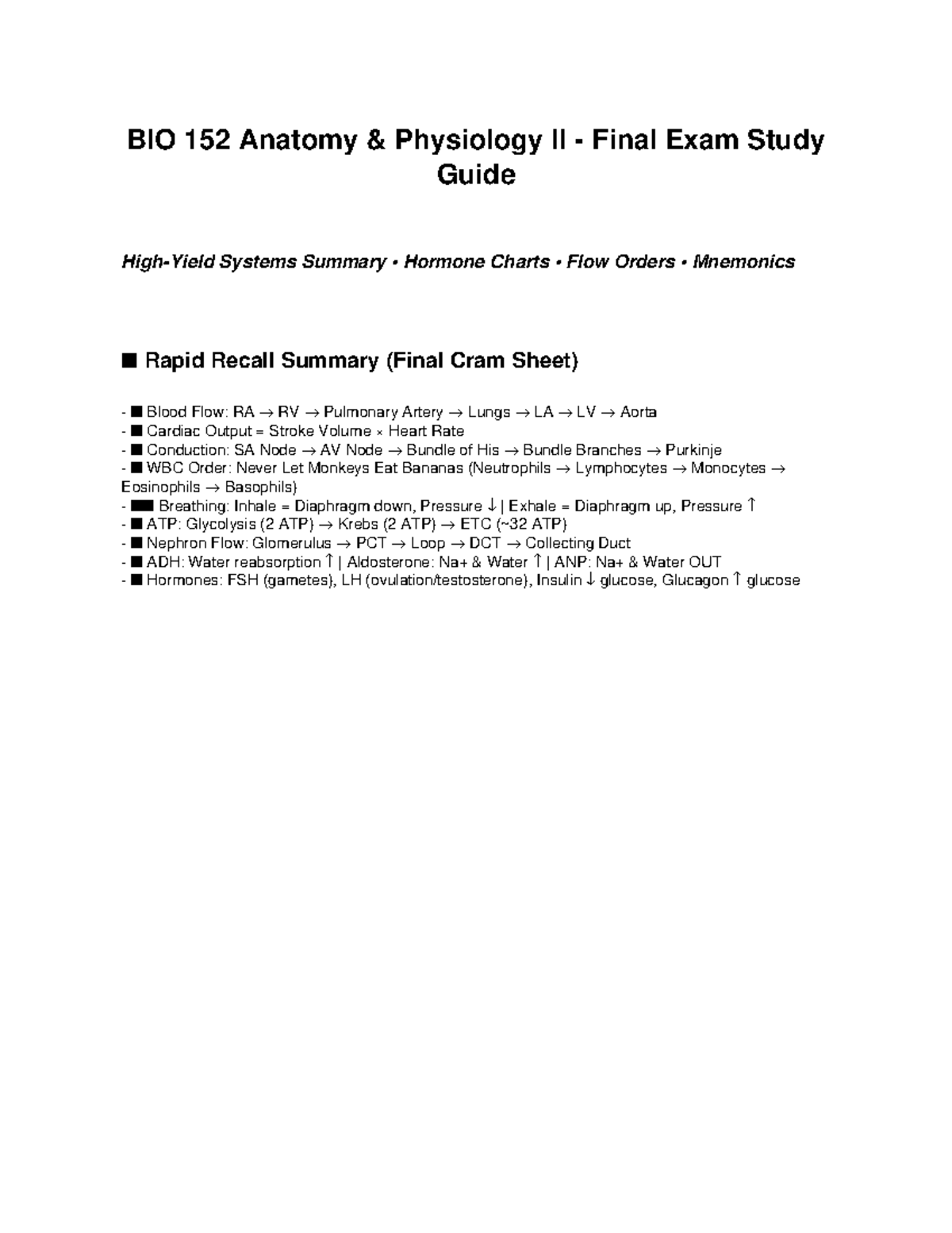 BIO 152 Anatomy & Physiology II Final Exam Study Guide - Studocu
