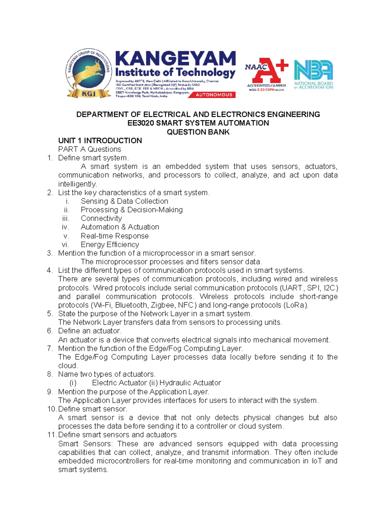EE3020 Smart System Automation Question Bank: Units 1-4 Overview - Studocu