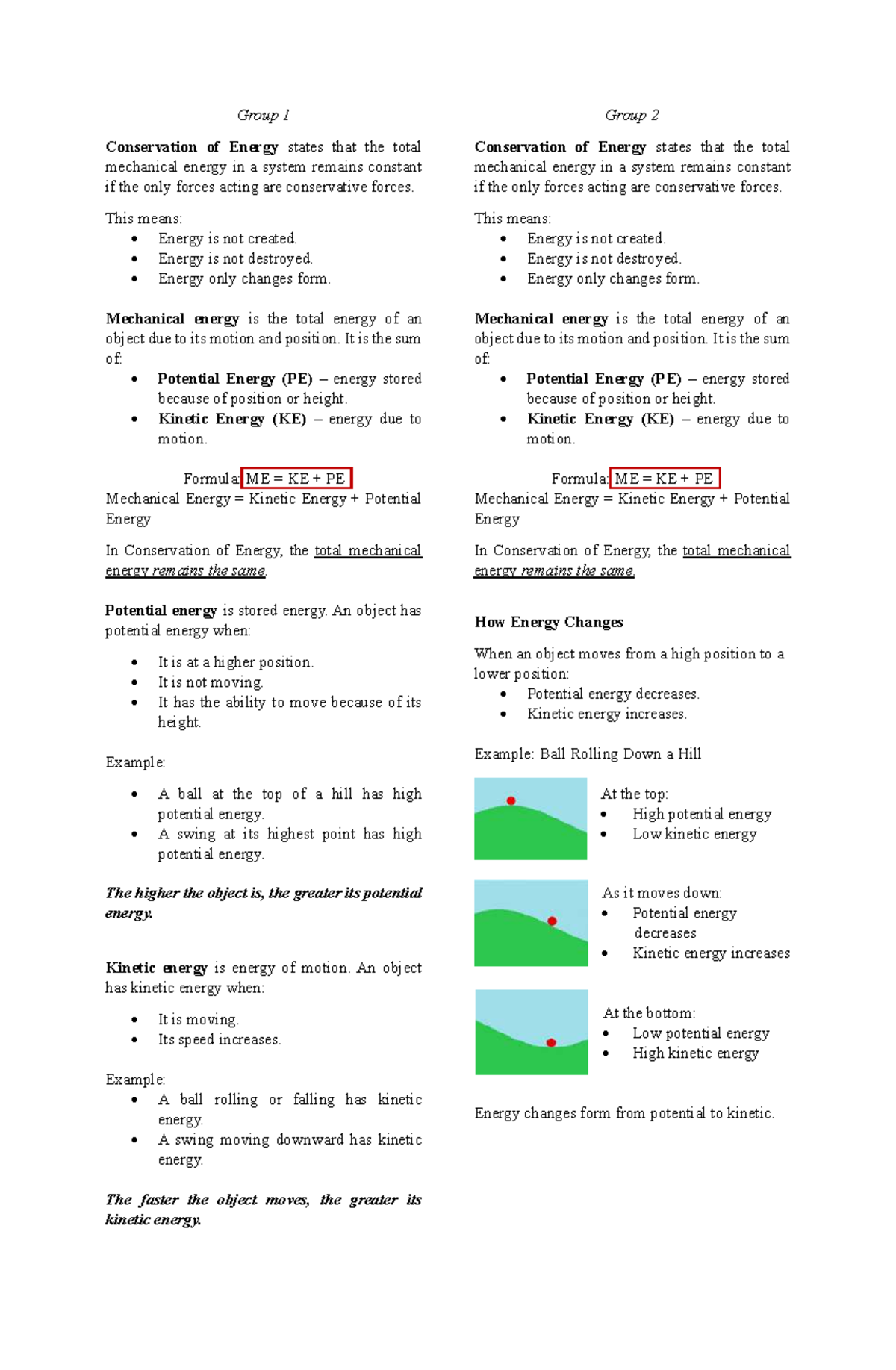 Conservation of Energy Handout: Understanding ME, KE, and PE - Studocu