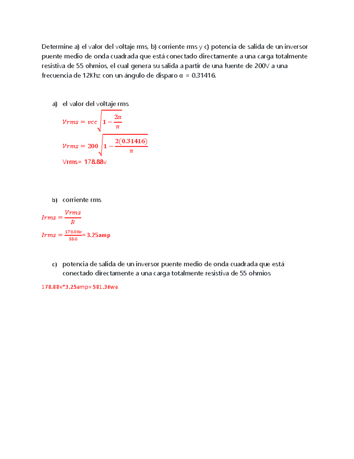 Cálculo de Vrms, Irms y Potencia de Salida: Ejercicio 4 - Studocu