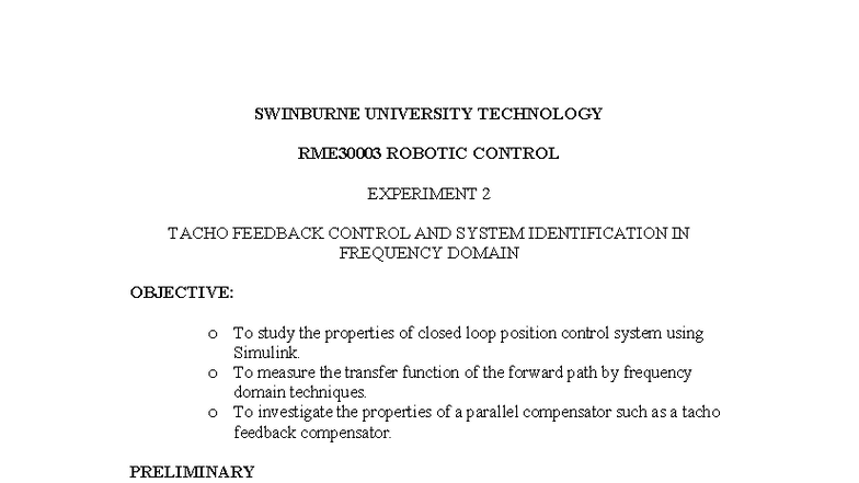 RME30003 Lab 2: Tacho Feedback Control & System Identification - Studocu