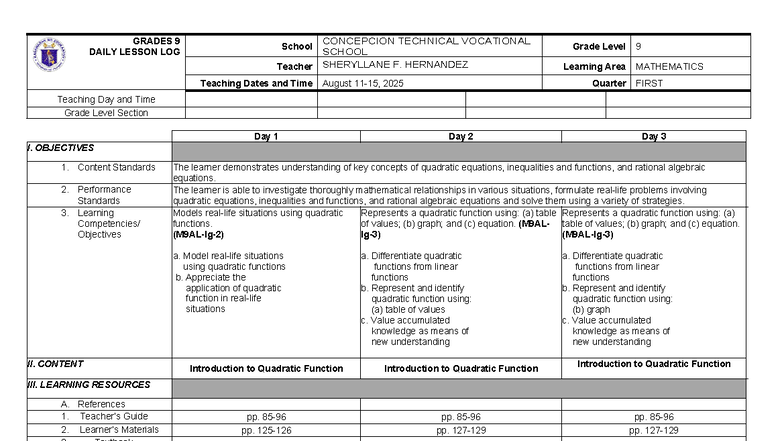 Grade 9 Math Lesson Plan: Introduction to Quadratic Functions - Studocu