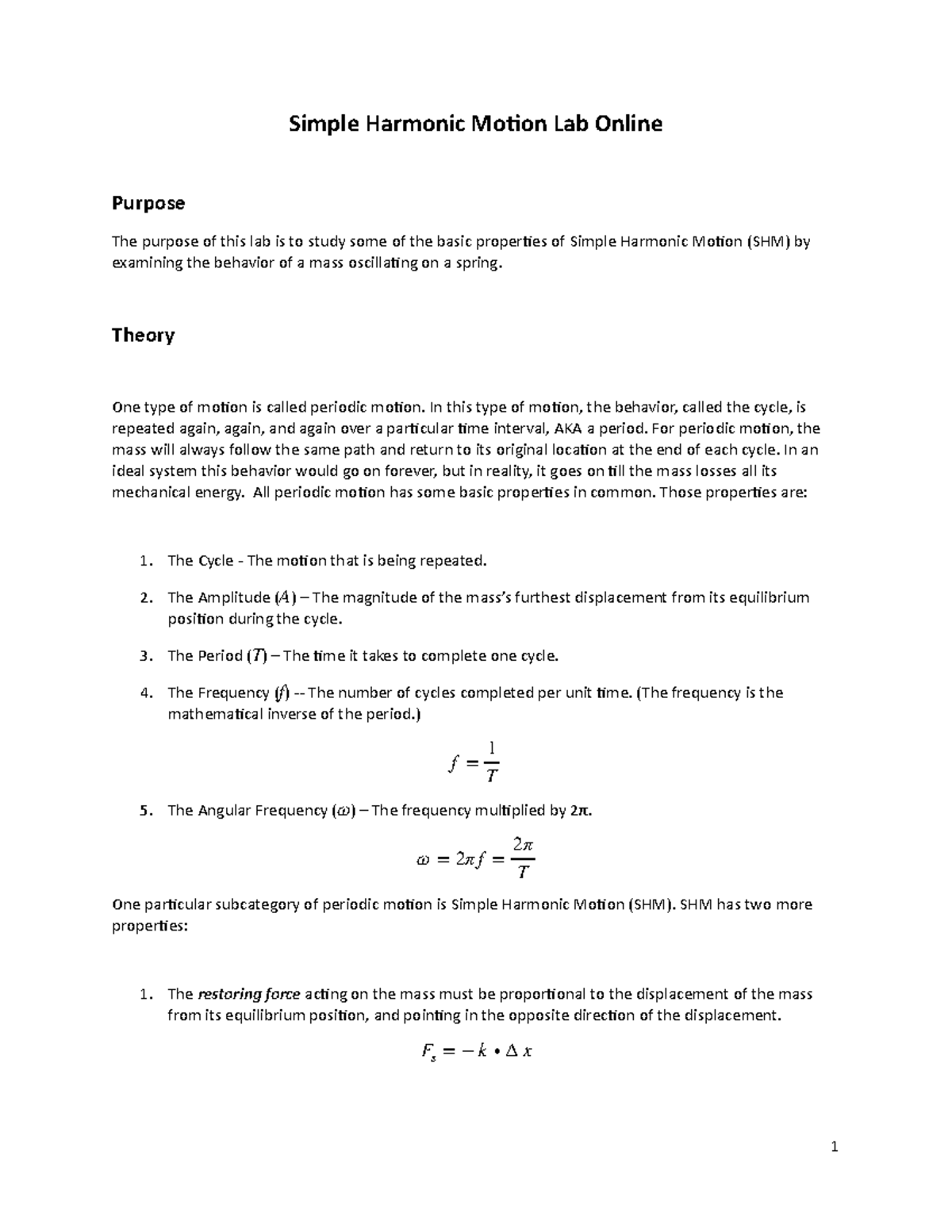 Fall 2023 Phy-1611-006 Simple Harmonic Motion Lab Report - Studocu