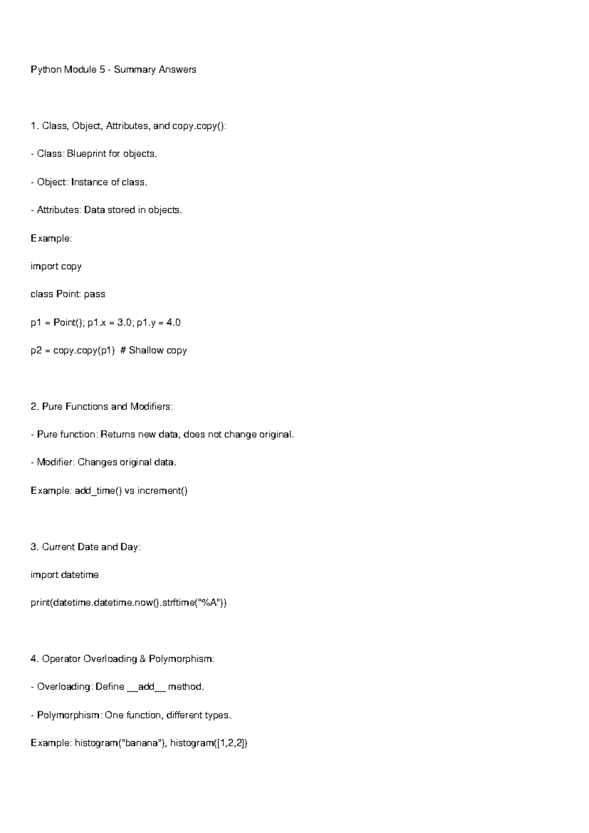 Python Module 5 Summary: Classes, Objects, and Functions - Studocu