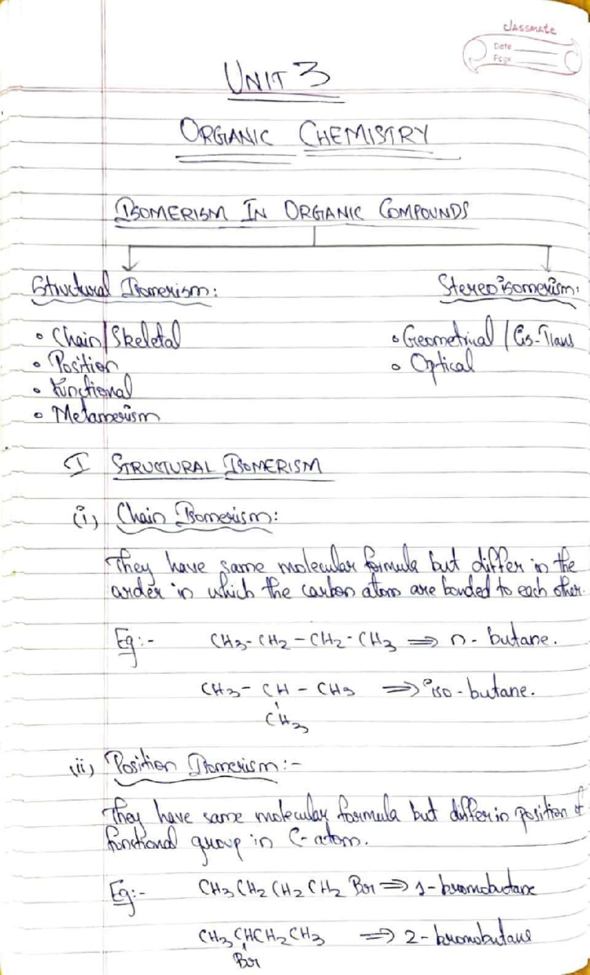 Module 3- Organic Chemistry - classmate Date Fege UNIT3 C ORGANIC ...