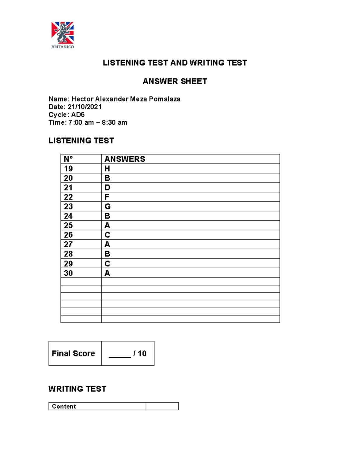 Listening and Writing Test Answers - AD5 - Studocu