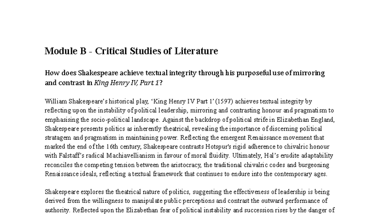 HSC English PREP-2: Shakespeare's Use of Mirroring in King Henry IV ...