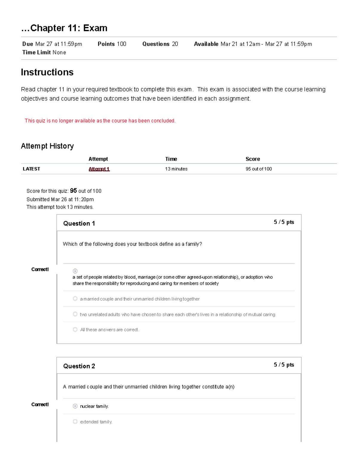 Chapter 11 Exam - .. 11: Exam Due Mar 27 at 11:59pm Points 100 ...