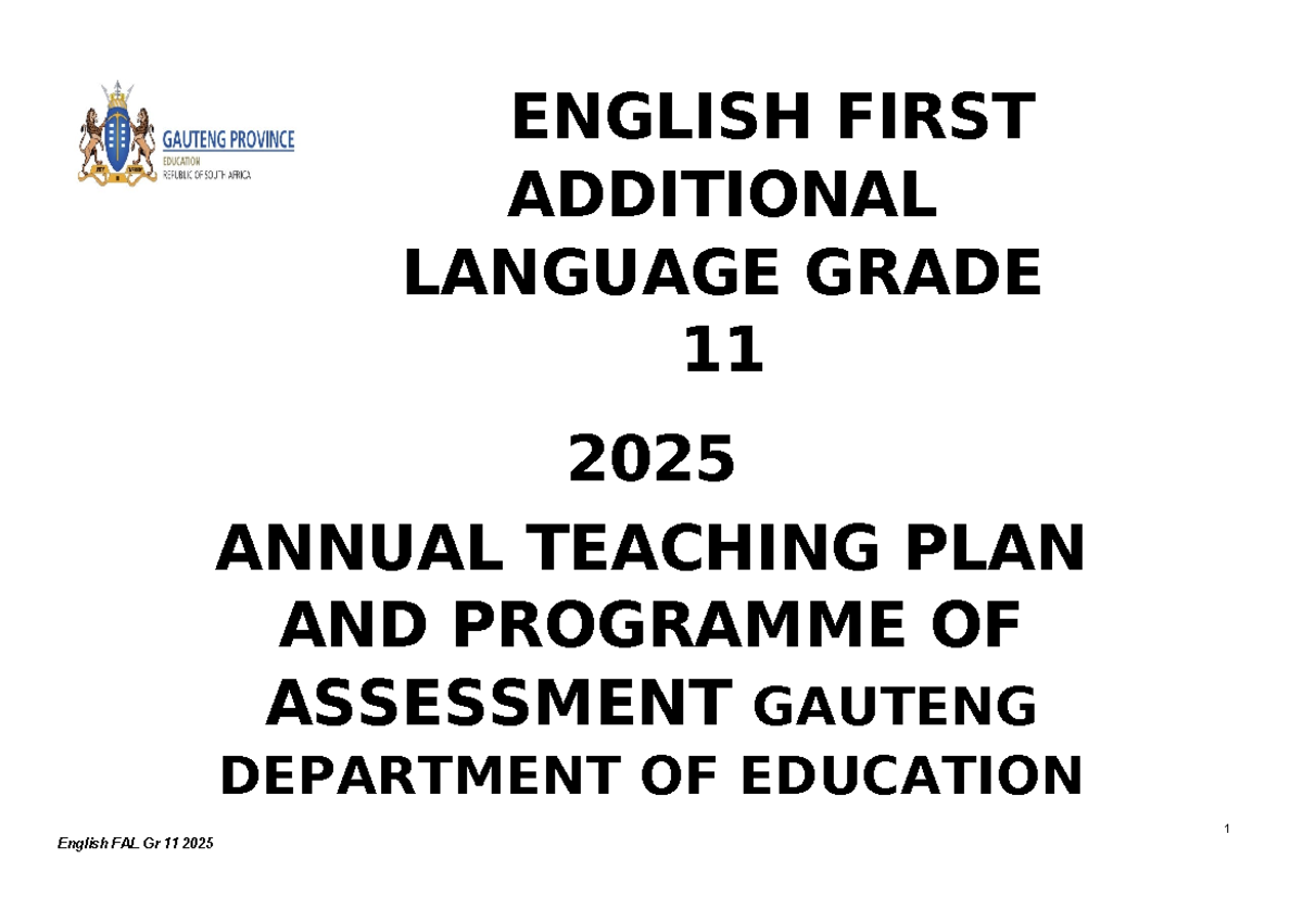 English FAL Grade 11 ATP Gauteng 2025 - Annual Teaching Plan - Studocu