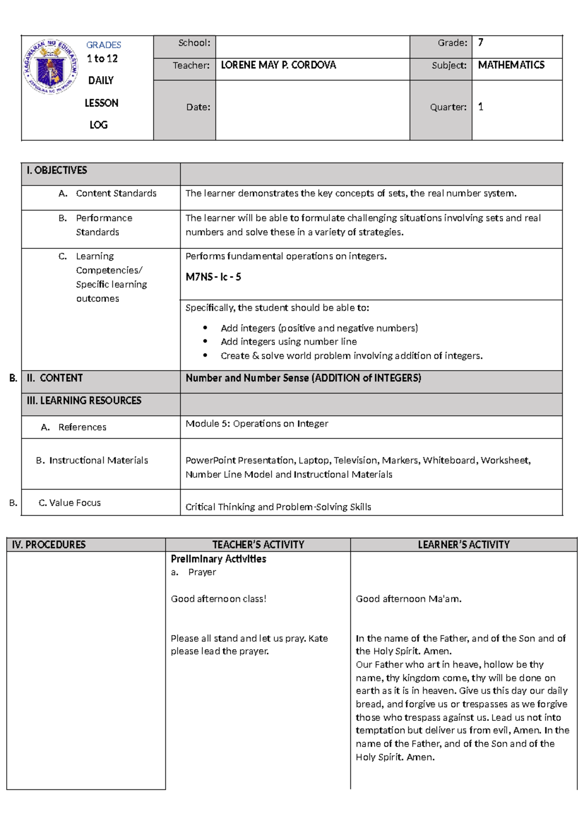 7th Grade Math Lesson Plan: Adding Integers (M7NS-Ic-5) - Studocu