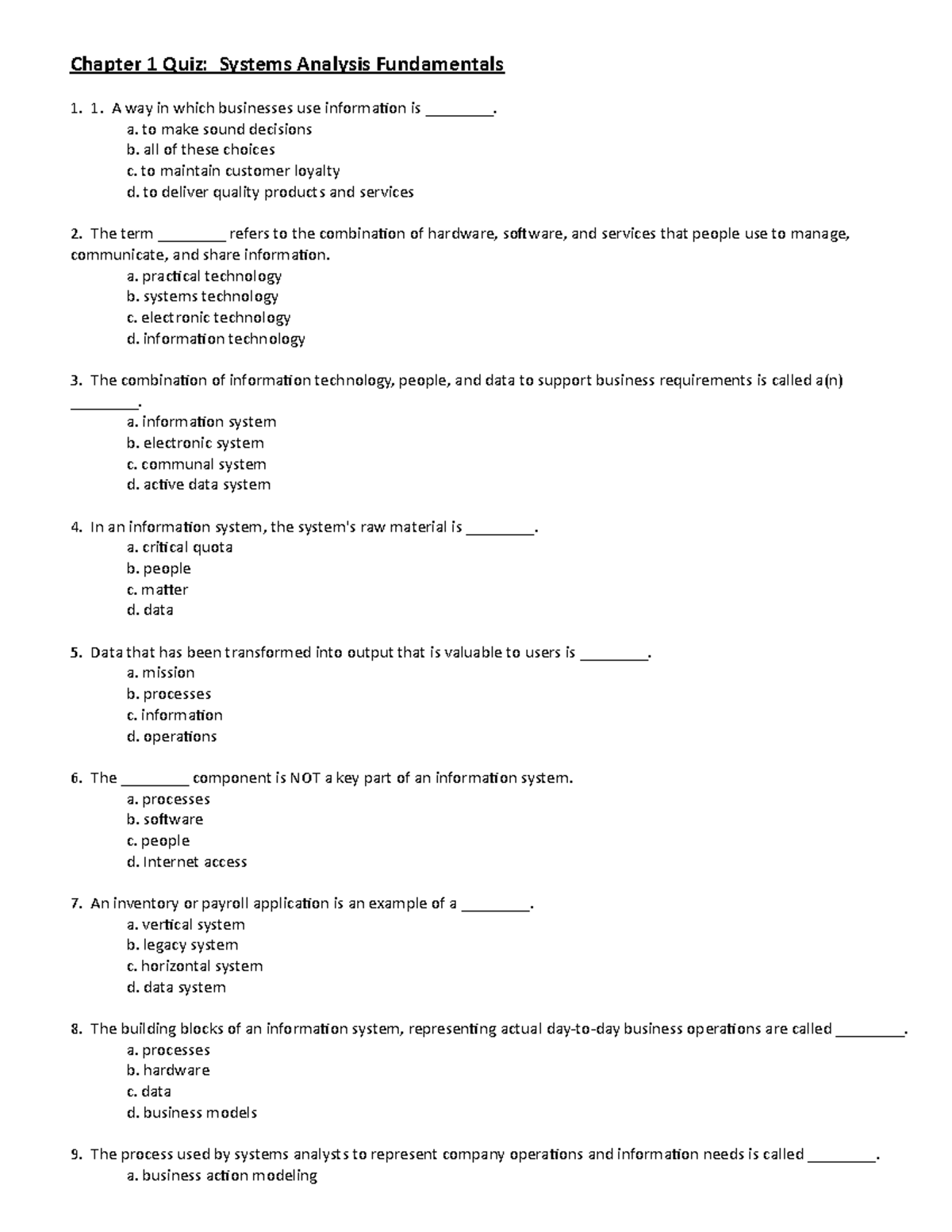 ICT2621-1 - Chapter 1 Quiz: Key Concepts in Systems Analysis - Studocu