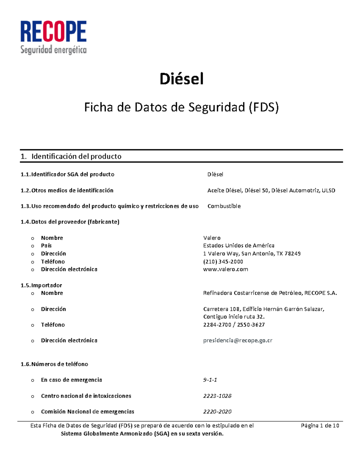 FDS Diesel V2 2023 - ..... - Esta Ficha de Datos de Seguridad (FDS) se ...